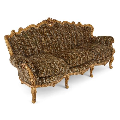 Large French ornate Rococo style antique giltwood sofa | Mayfair Gallery