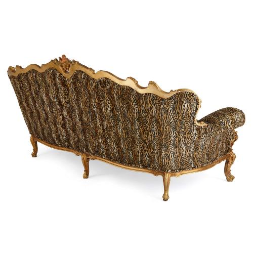 Large French ornate Rococo style antique giltwood sofa | Mayfair Gallery