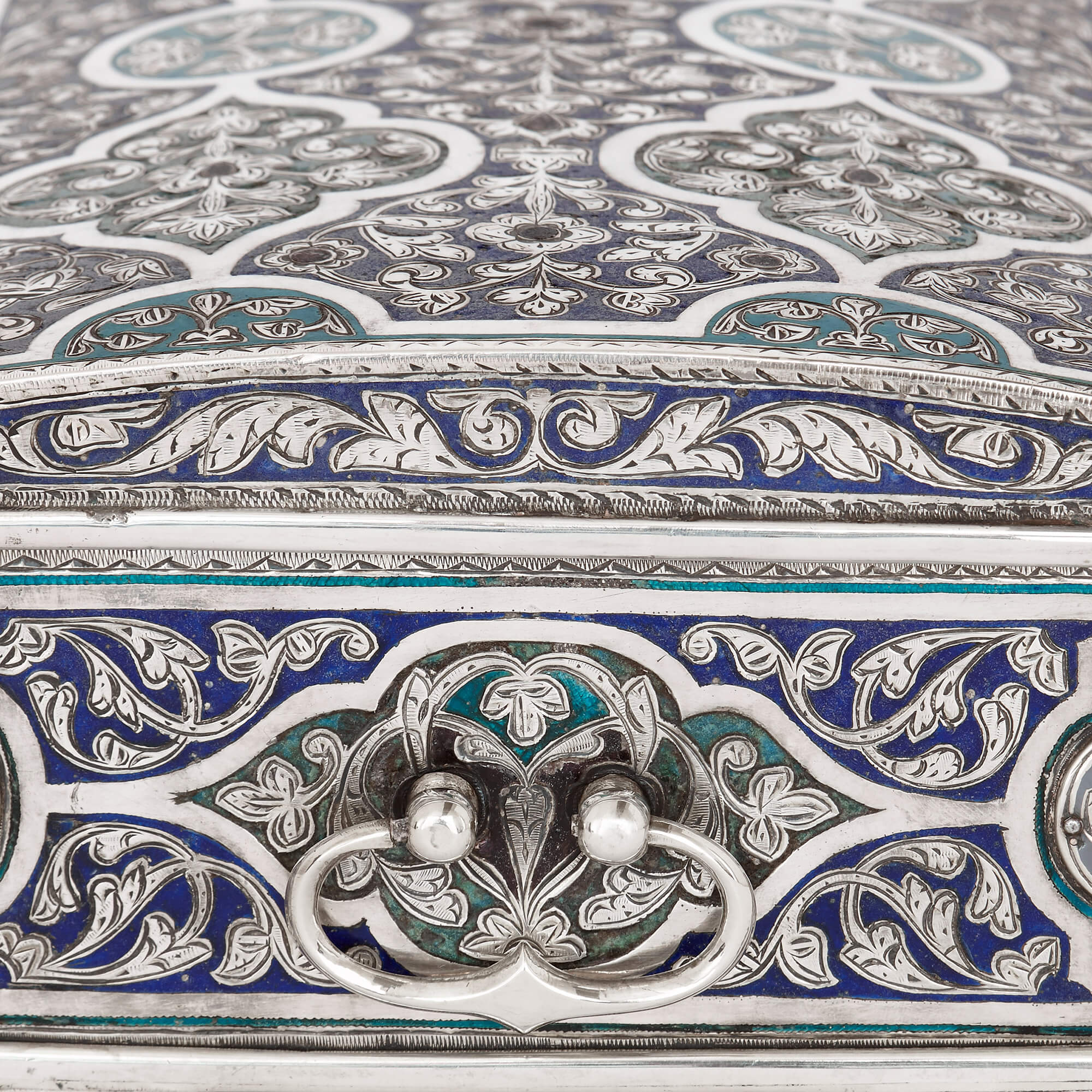 Engraved silver and blue enamel jewellery casket, Bukhara | Mayfair Gallery