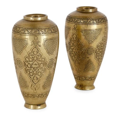 Pair of Bezalel antique brass vases by Alfred Salzmann | Mayfair Gallery