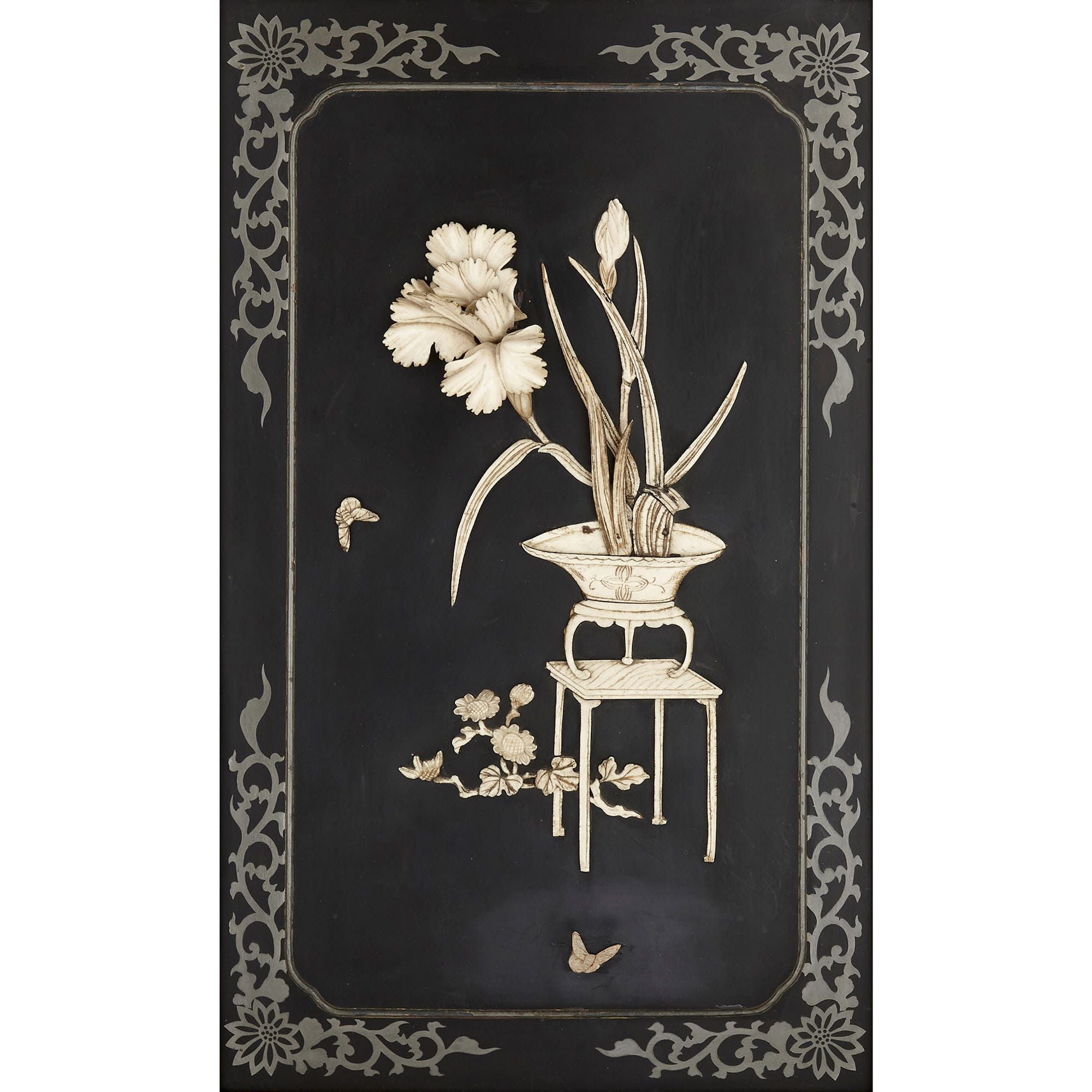 Pair of Japanese ivory panels on a black lacquer ground | Mayfair Gallery