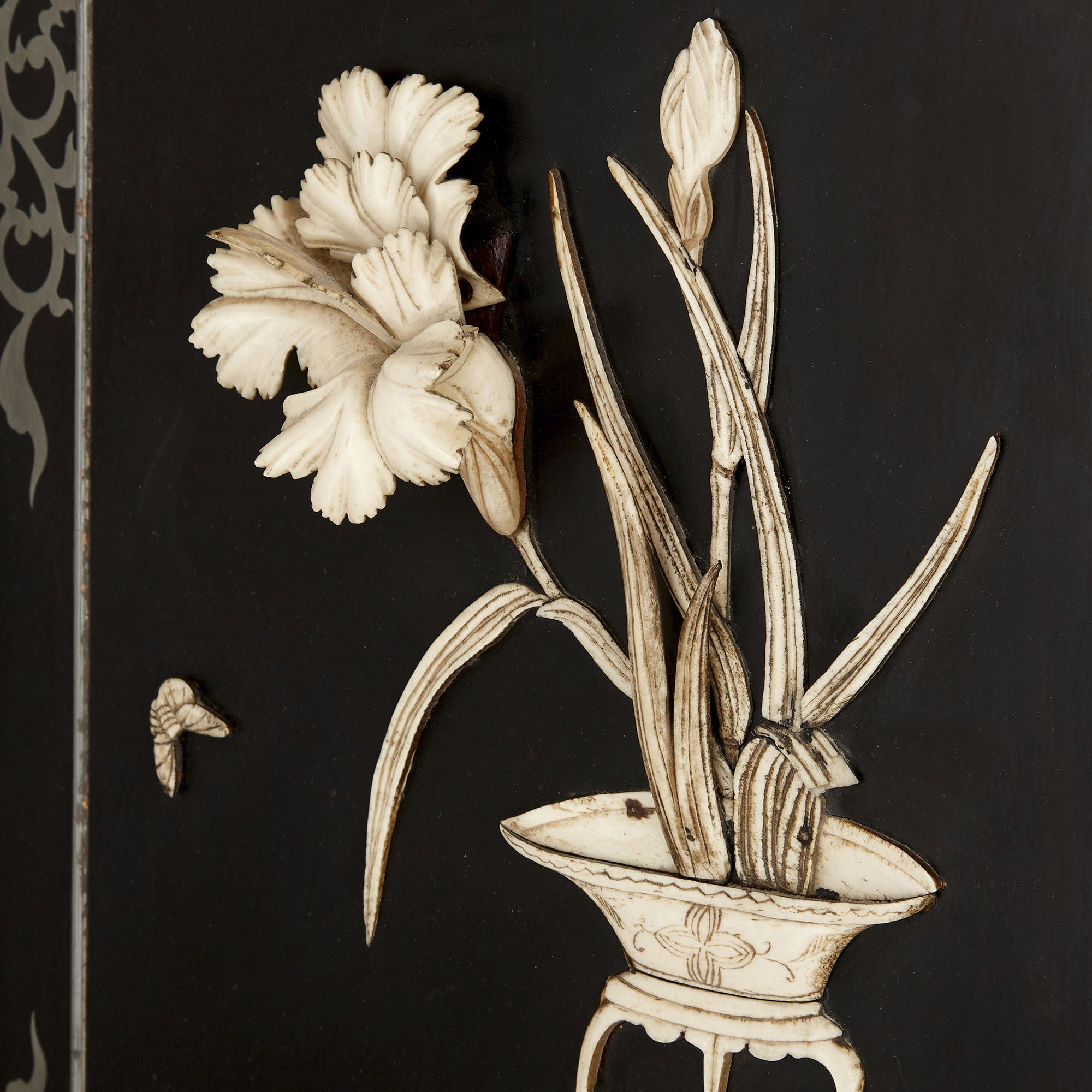 Pair of Japanese ivory panels on a black lacquer ground | Mayfair Gallery