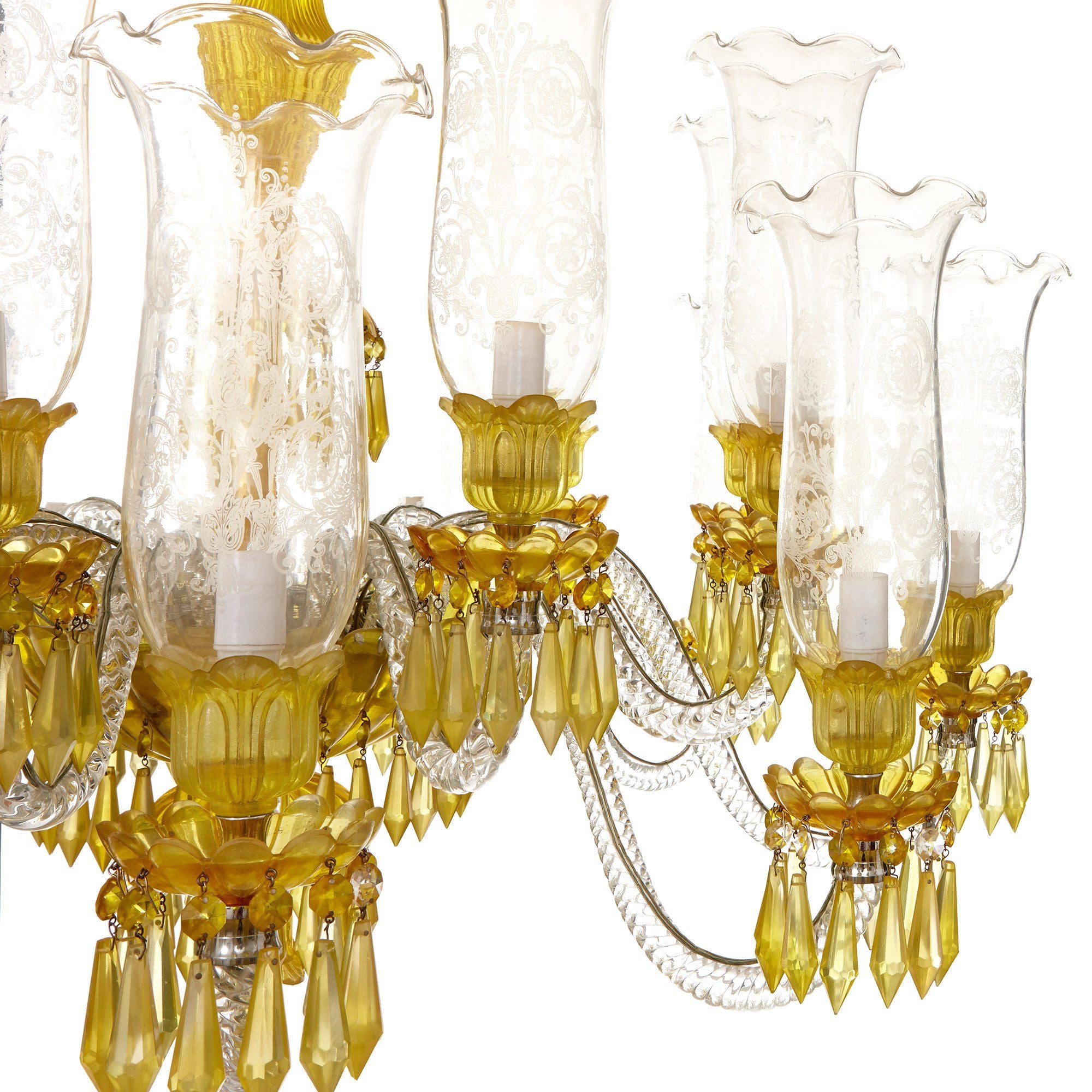 Pair of yellow and clear crystal twelve-light chandeliers | Mayfair Gallery