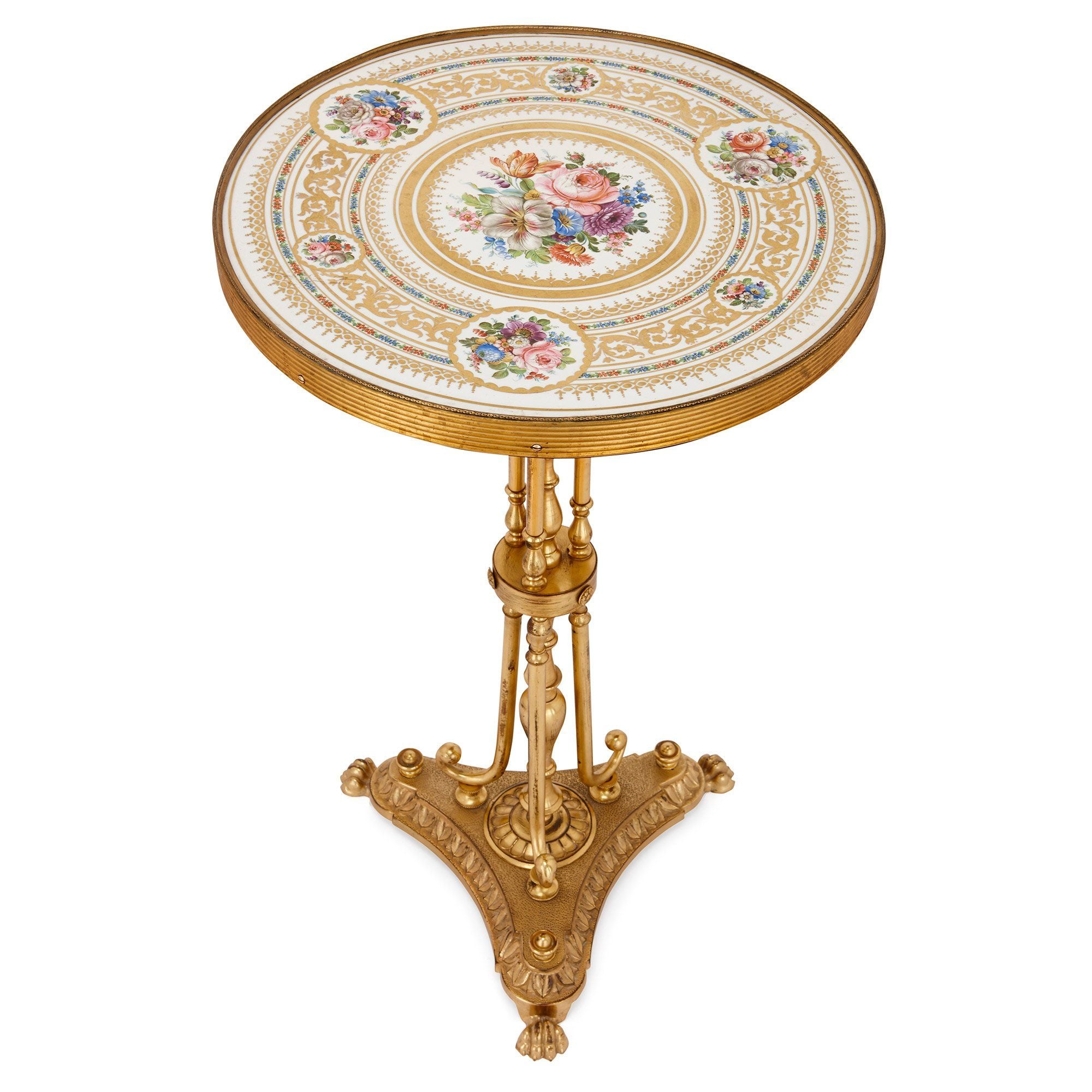 Gilt bronze side table with round floral porcelain top | Mayfair Gallery