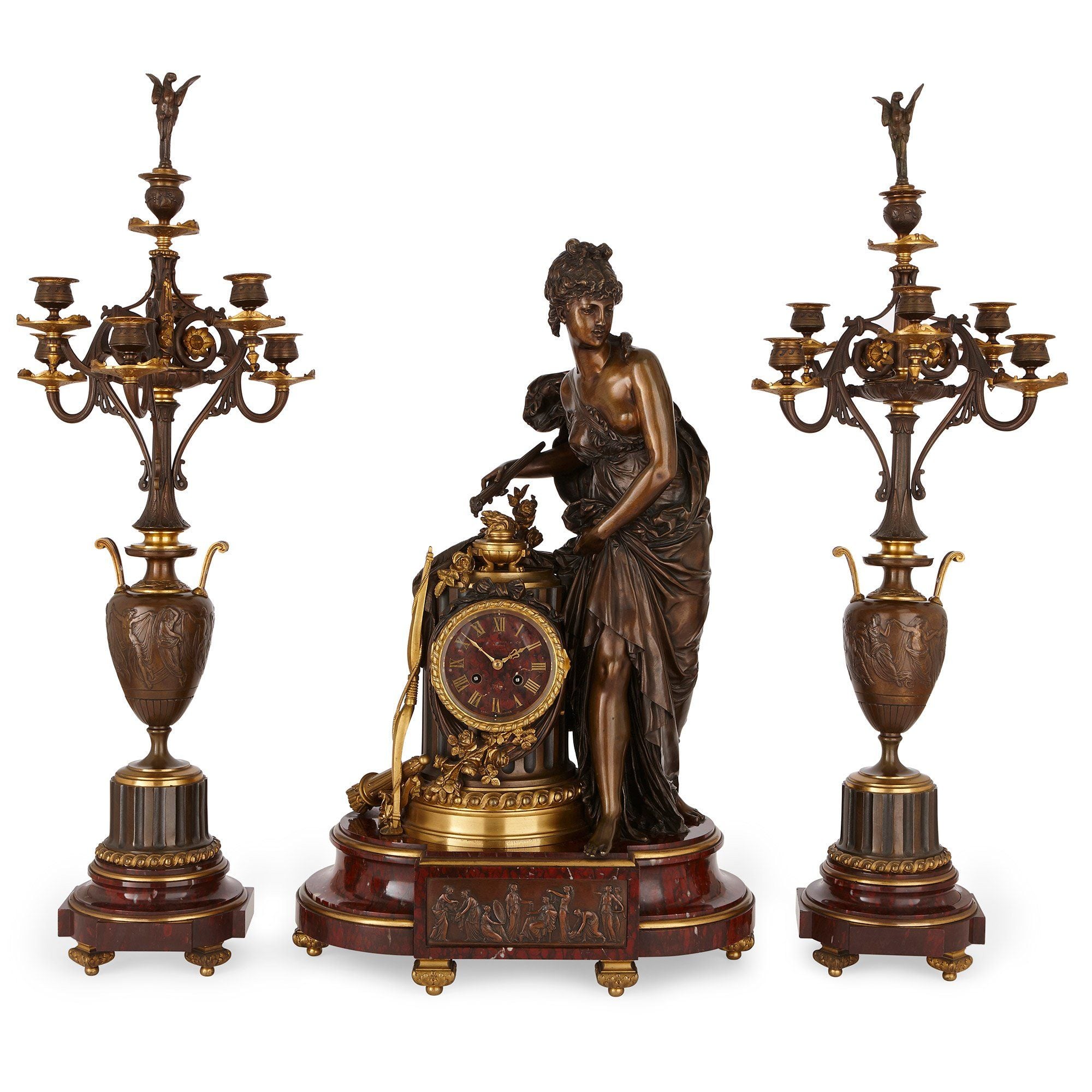 French antique three piece marble and bronze clock set | Mayfair Gallery