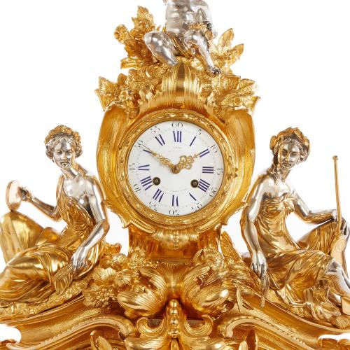 Large silvered and gilt bronze three piece clock set | Mayfair Gallery