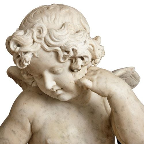 Pair of Louis XV period winged cherub marble sculptures | Mayfair Gallery