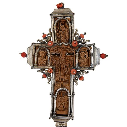 Coral mounted silver and carved wood antique cross | Mayfair Gallery