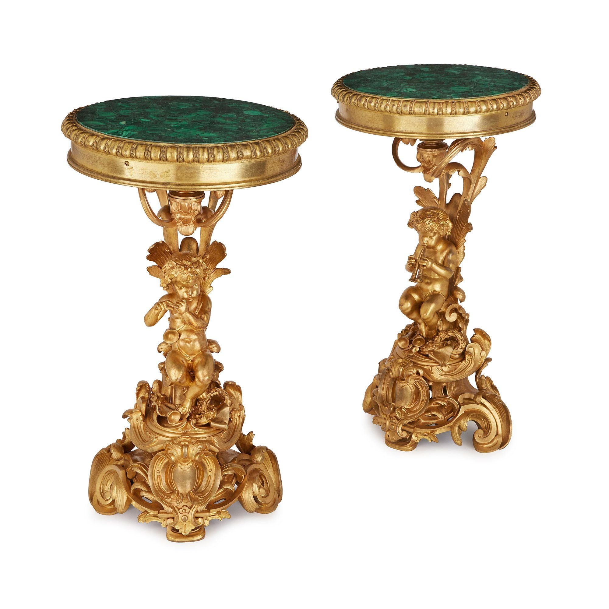 Pair of ormolu side tables with circular malachite tops | Mayfair Gallery