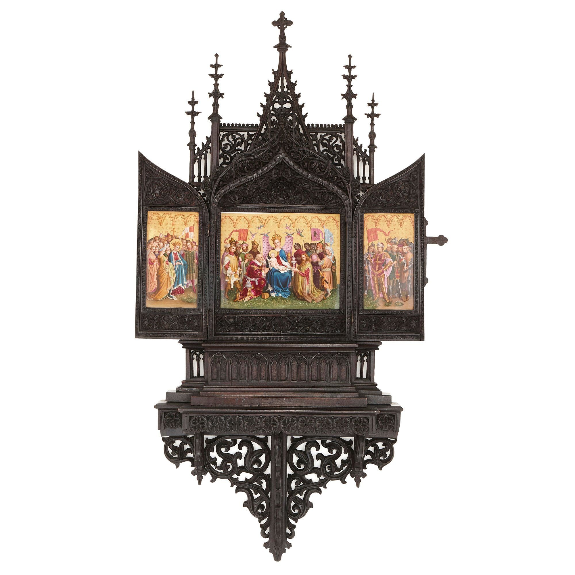 Gothic revival style KPM porcelain and carved oak triptych | Mayfair ...