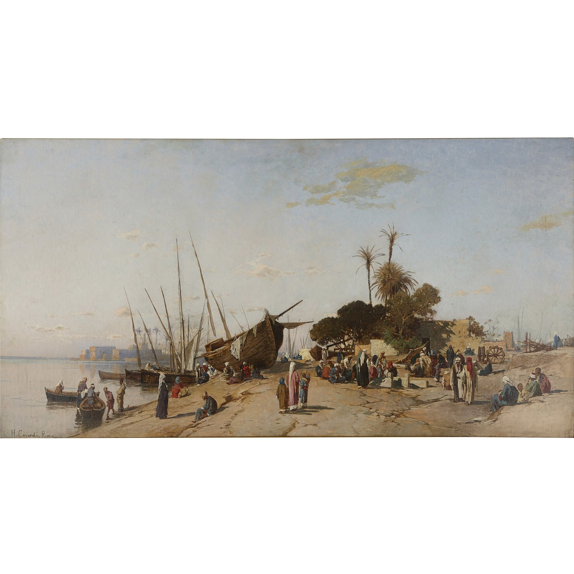 Large Orientalist oil painting of Cairo port by Corrodi | Mayfair Gallery