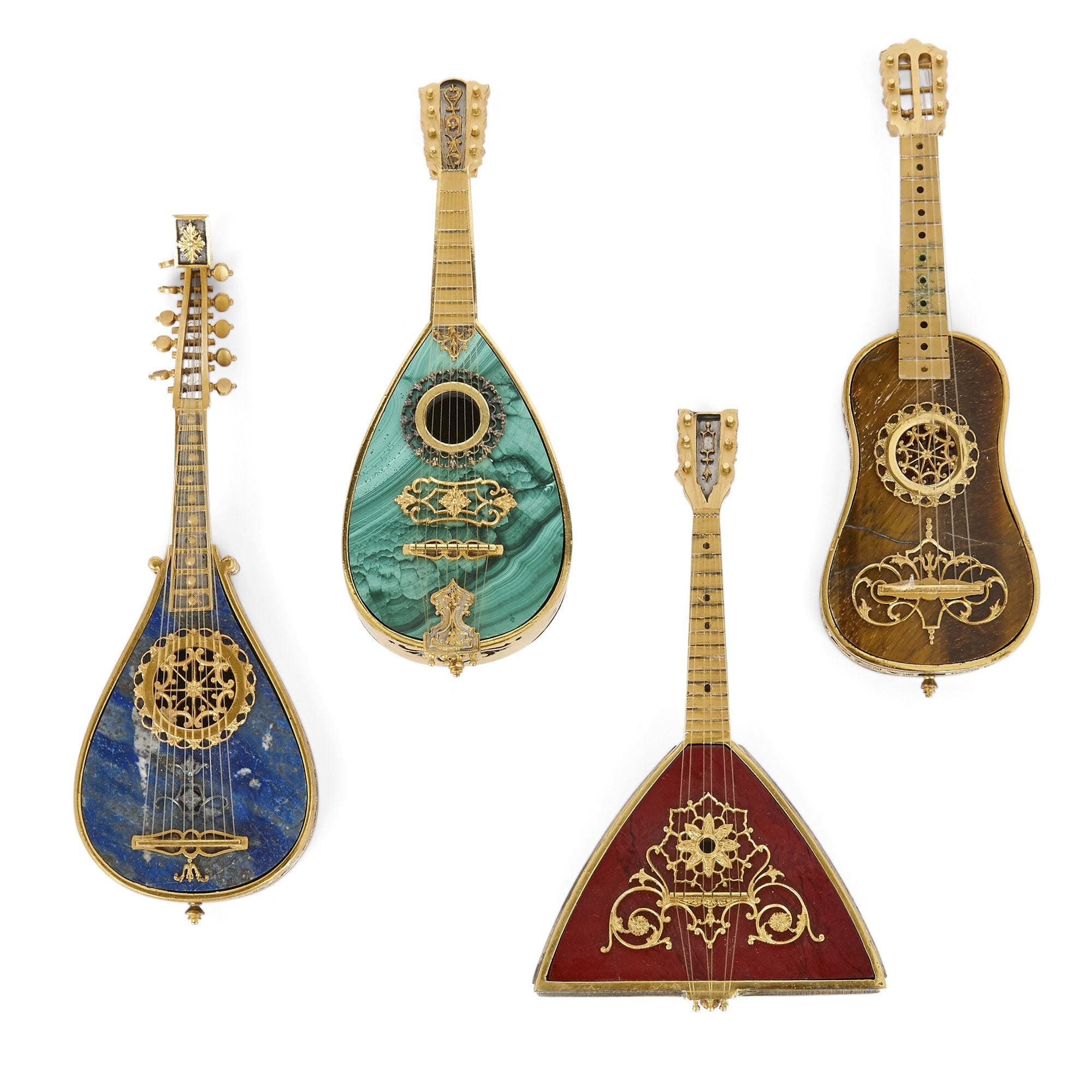 Set of semi-precious stone and silver-gilt miniature instruments ...
