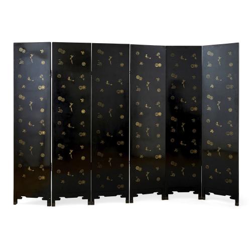 Large Chinese cloisonné enamel mounted lacquered screen | Mayfair Gallery