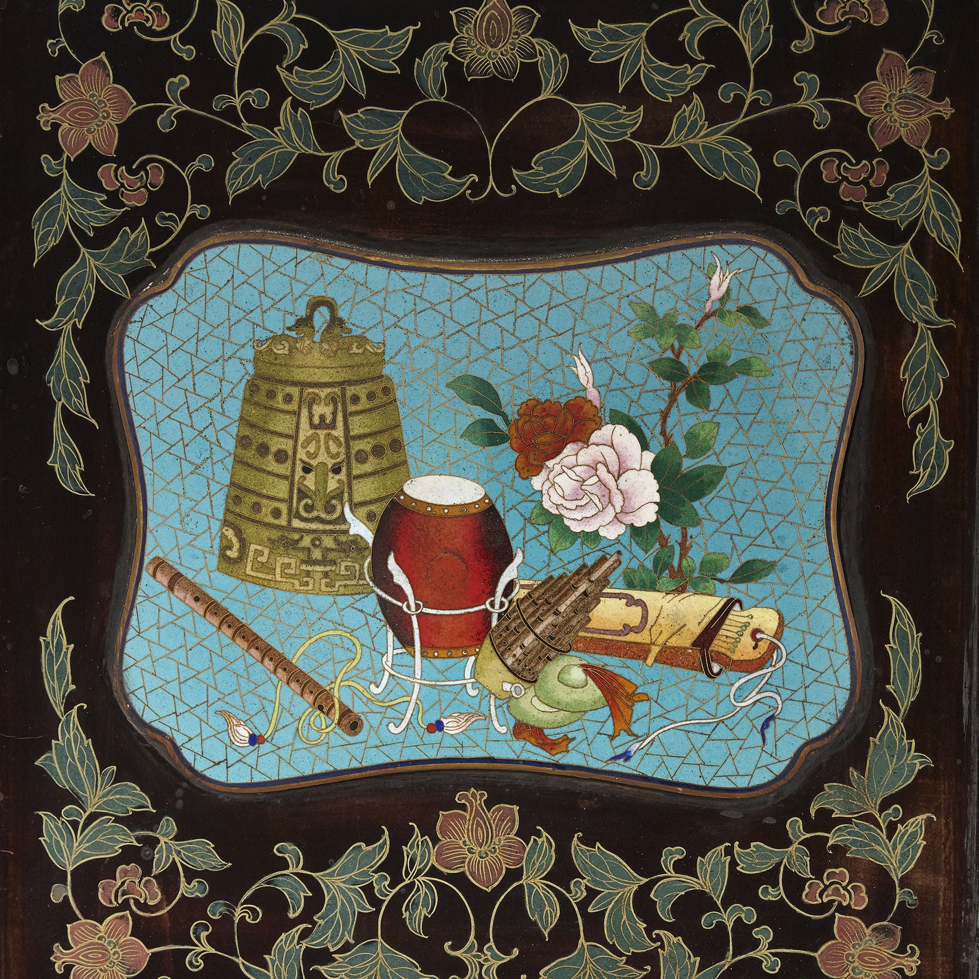 Large Chinese lacquered screen inset with cloisonné enamel panels ...