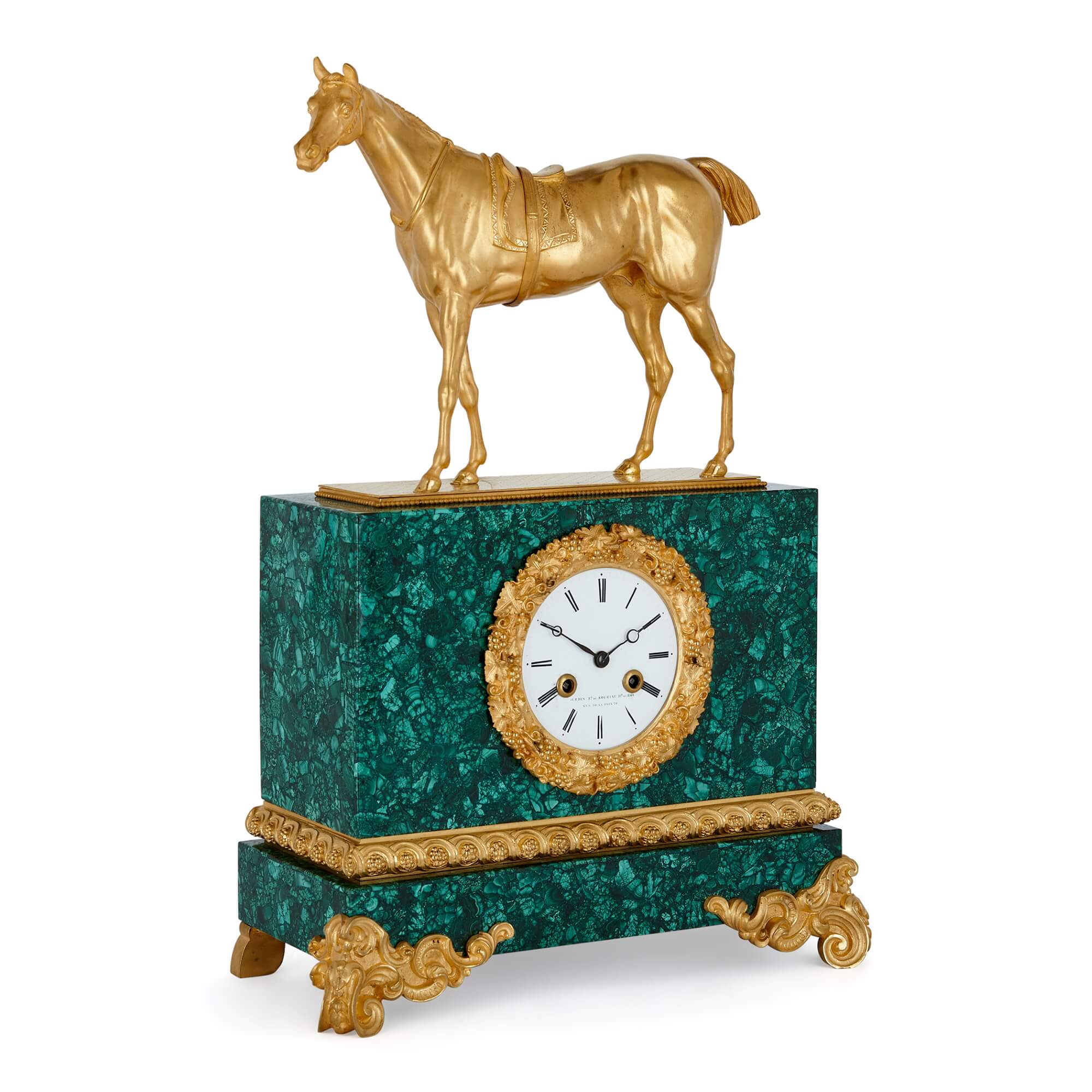 Charles X gilt bronze and malachite equestrian mantel clock | Mayfair ...