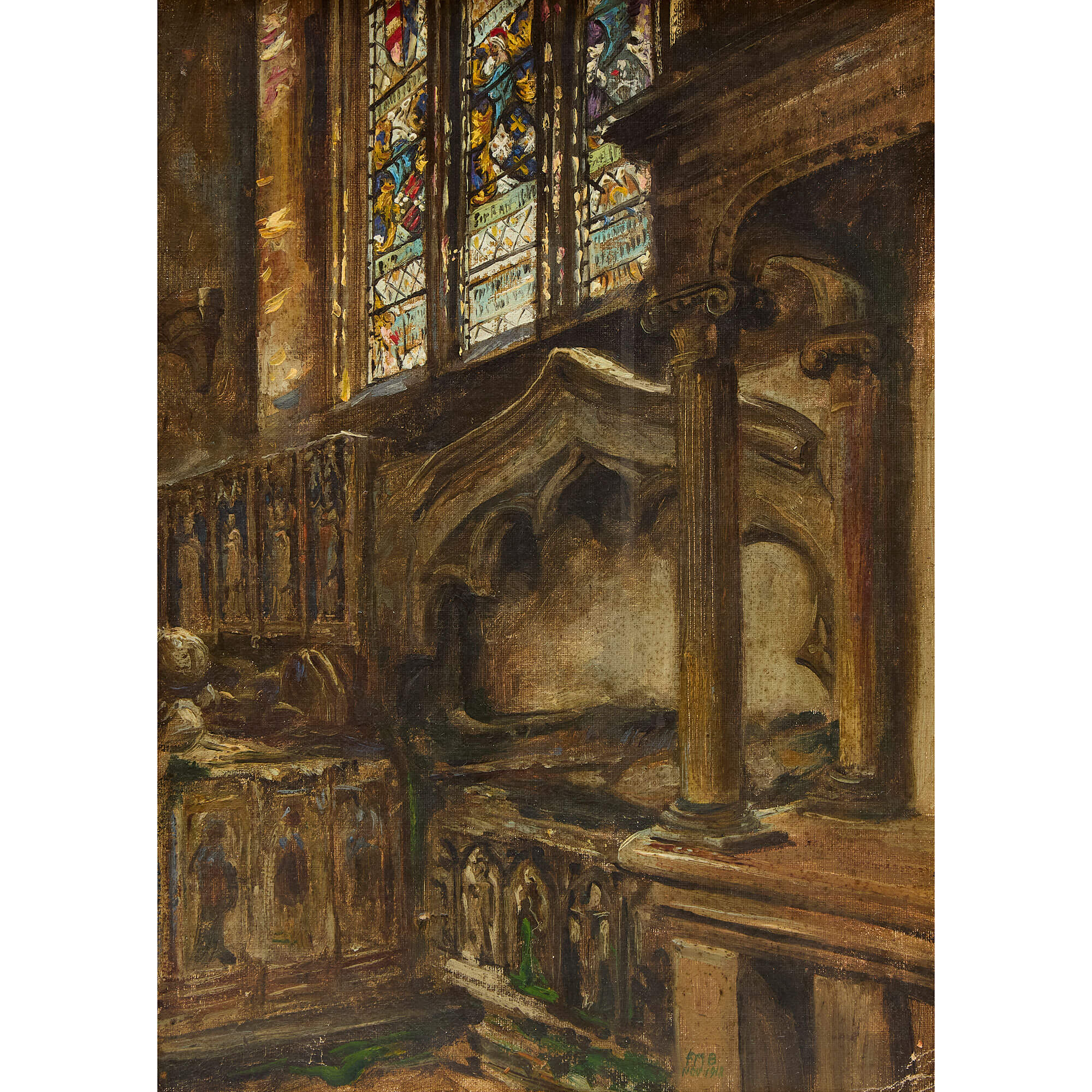 Antique English oil painting of a chapel by Frank Moss Bennett ...