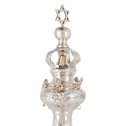 Pair of fine English silver and silver gilt torah finials or rimonim ...
