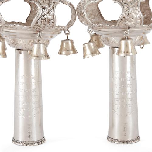 Pair of fine English silver and silver gilt torah finials or rimonim ...