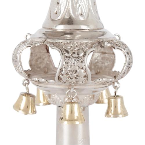 Pair of fine English silver and silver gilt torah finials or rimonim ...