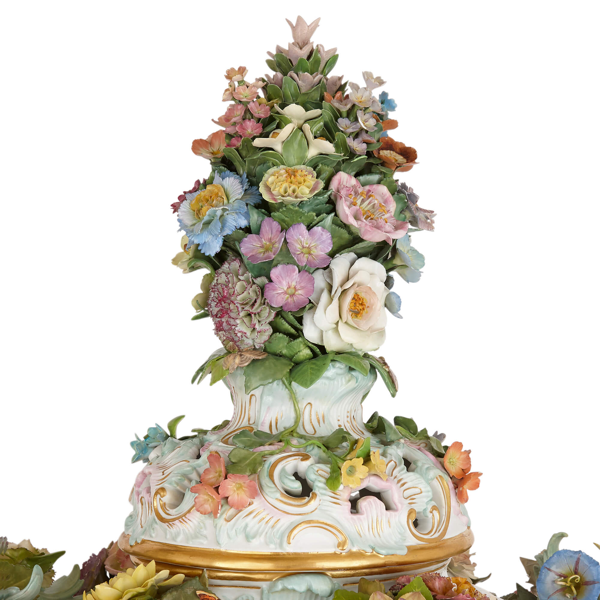 Pair of massive Meissen porcelain flower-encrusted potpourri vases ...