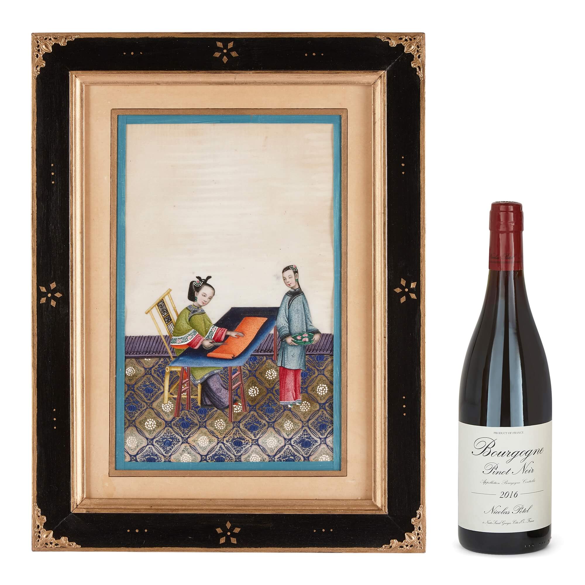 Set of six antique Chinese pith paintings depicting women weaving ...