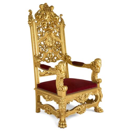 Set of four Italian Baroque style carved giltwood throne armchairs ...