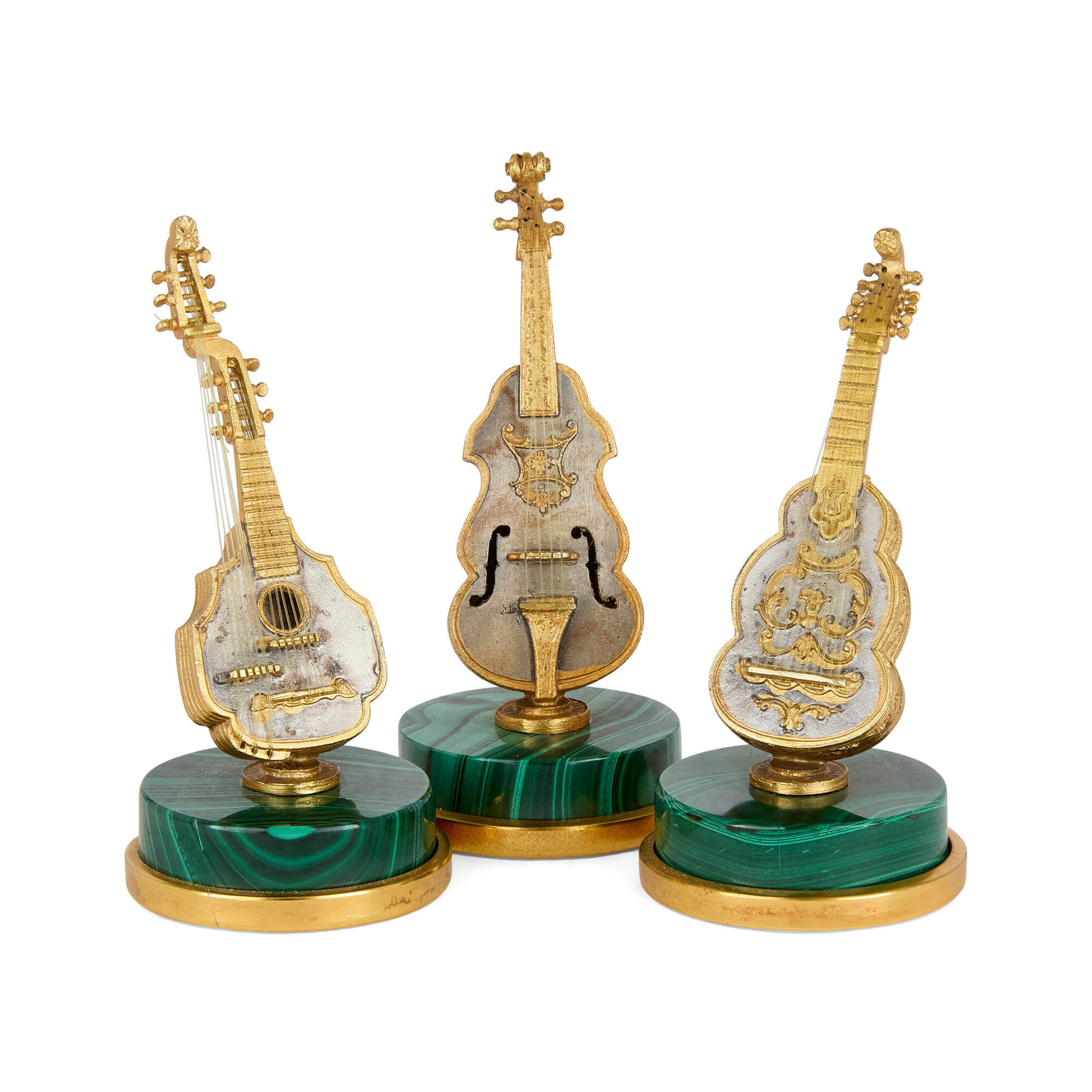 Set of 8 Italian miniature silver and malachite musical instruments ...