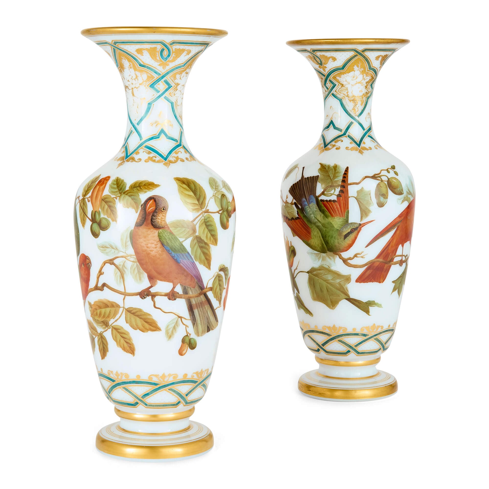 Pair of antique Baccarat opaline glass vases with bird decoration ...