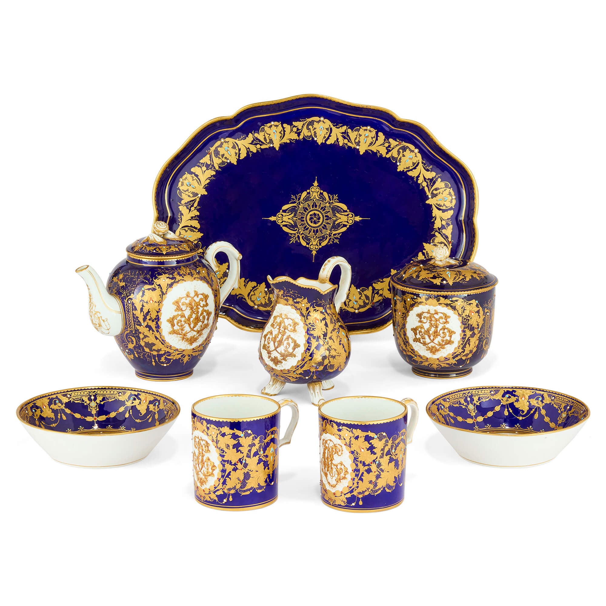 Antique Sèvres-style cobalt blue and gilt porcelain tea service ...