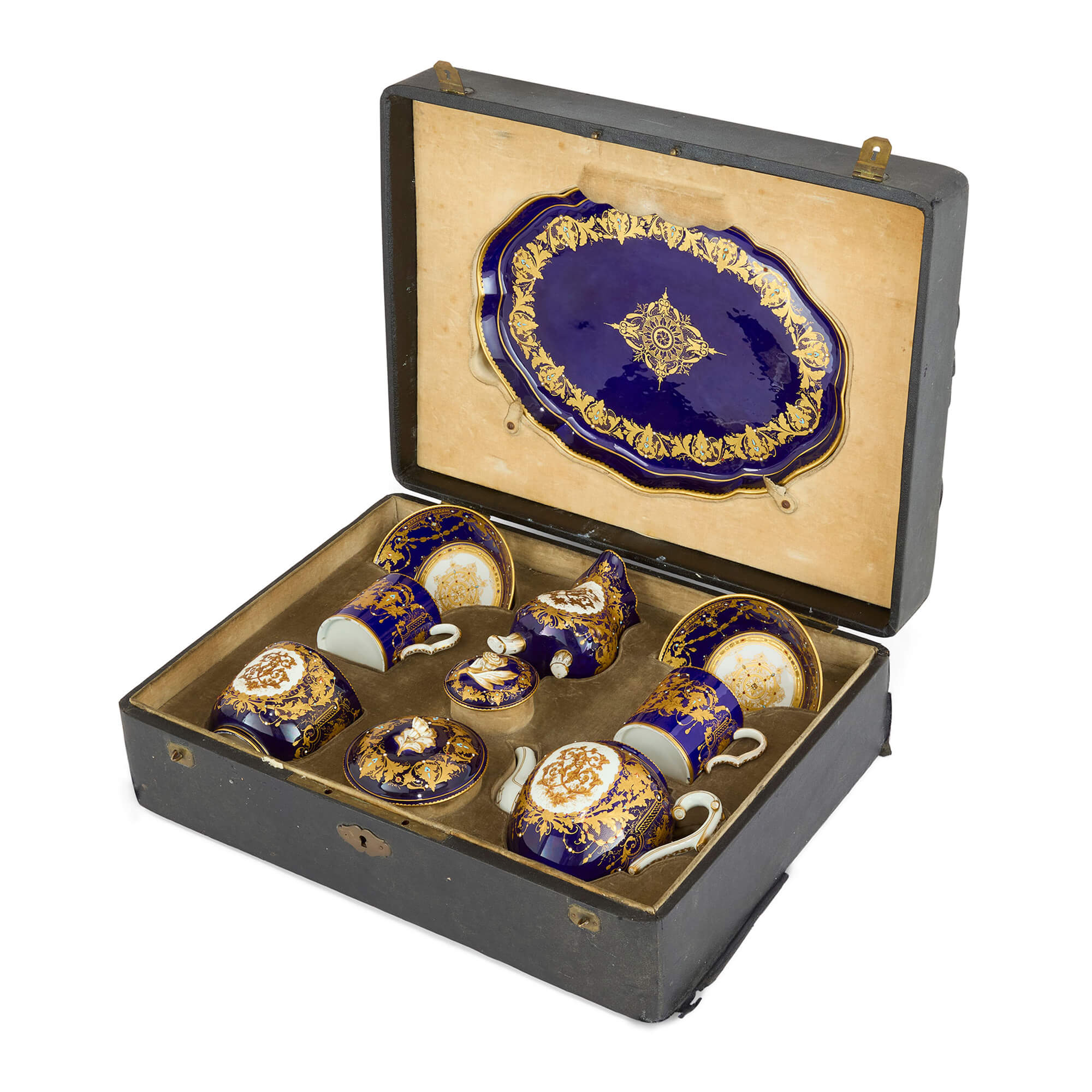 Antique Sèvres-style cobalt blue and gilt porcelain tea service ...