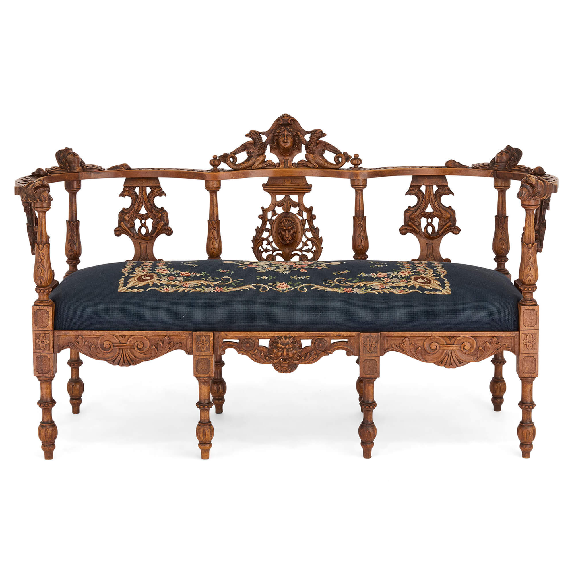Antique Italian carved wood and needlepoint upholstery grotto settee ...