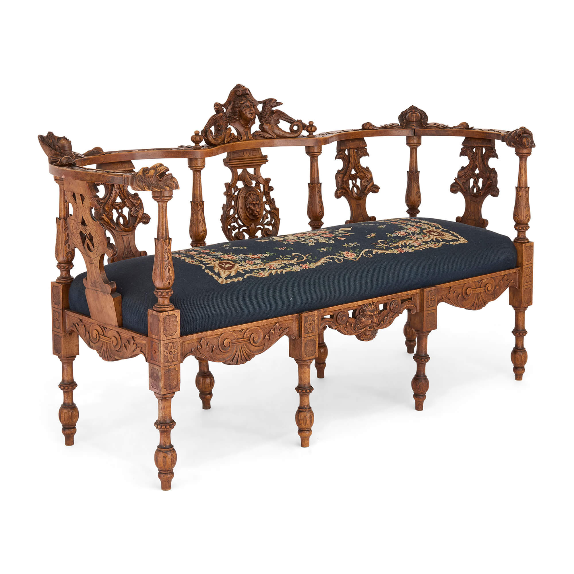 Antique Italian carved wood and needlepoint upholstery grotto settee ...