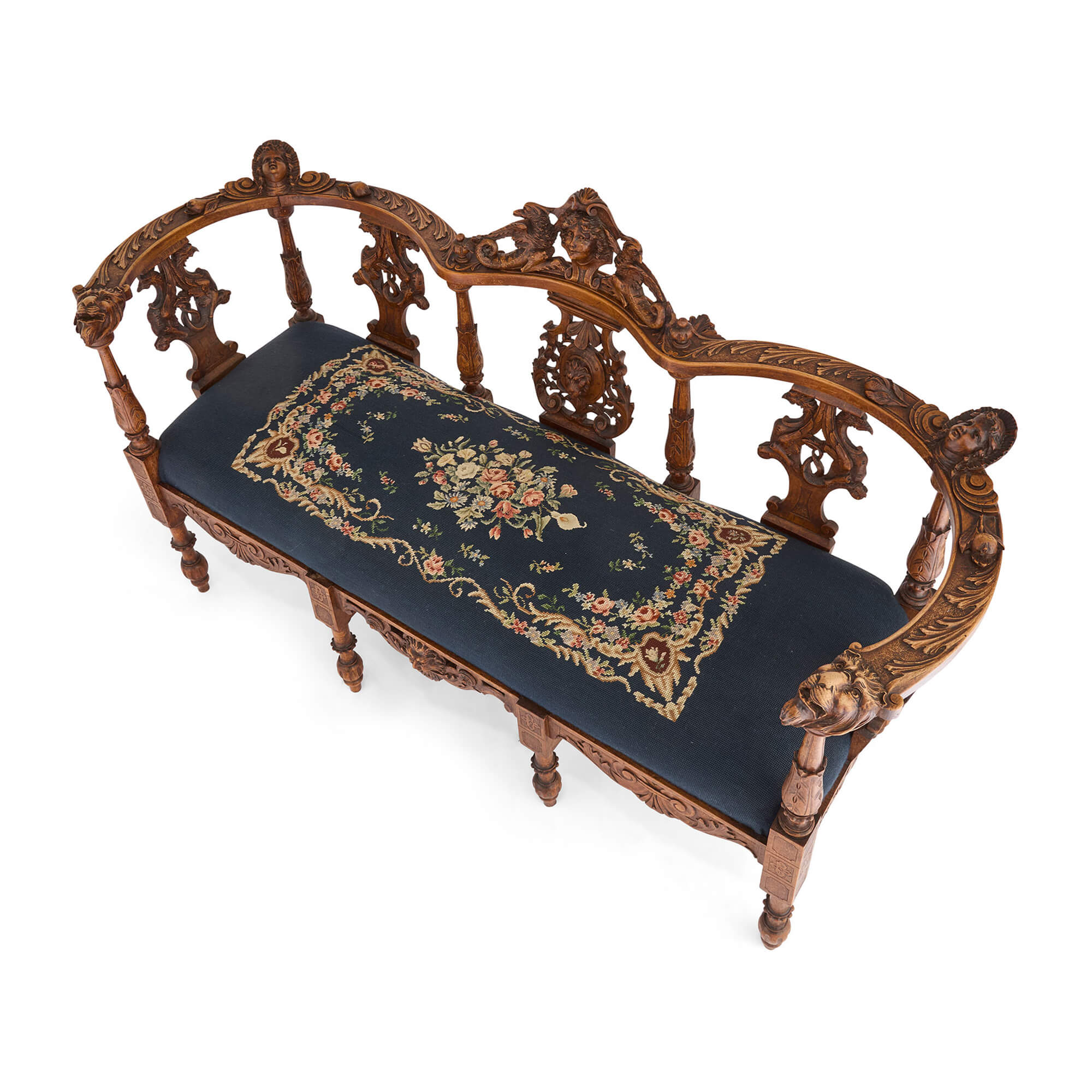 Antique Italian carved wood and needlepoint upholstery grotto settee ...