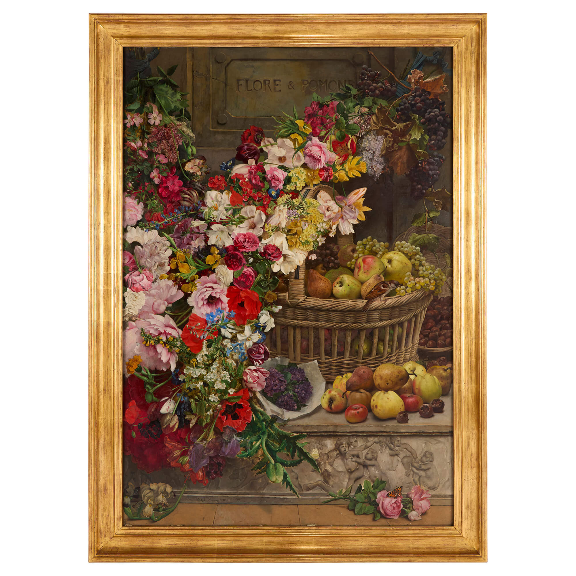 Very large antique still life painting of flowers and fruits by Verlat ...