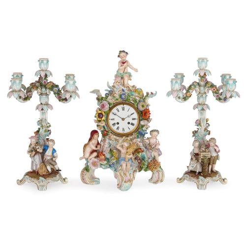 Antique Meissen porcelain clock and candelabra garniture set | Mayfair ...