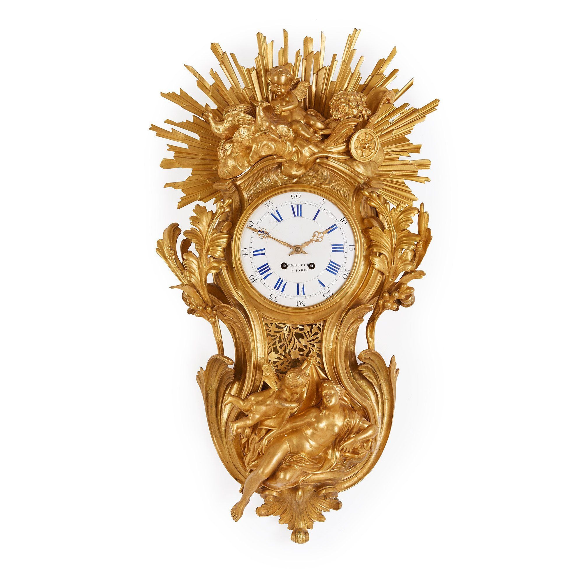 Large gilt bronze antique French cartel clock by Bertoud | Mayfair Gallery