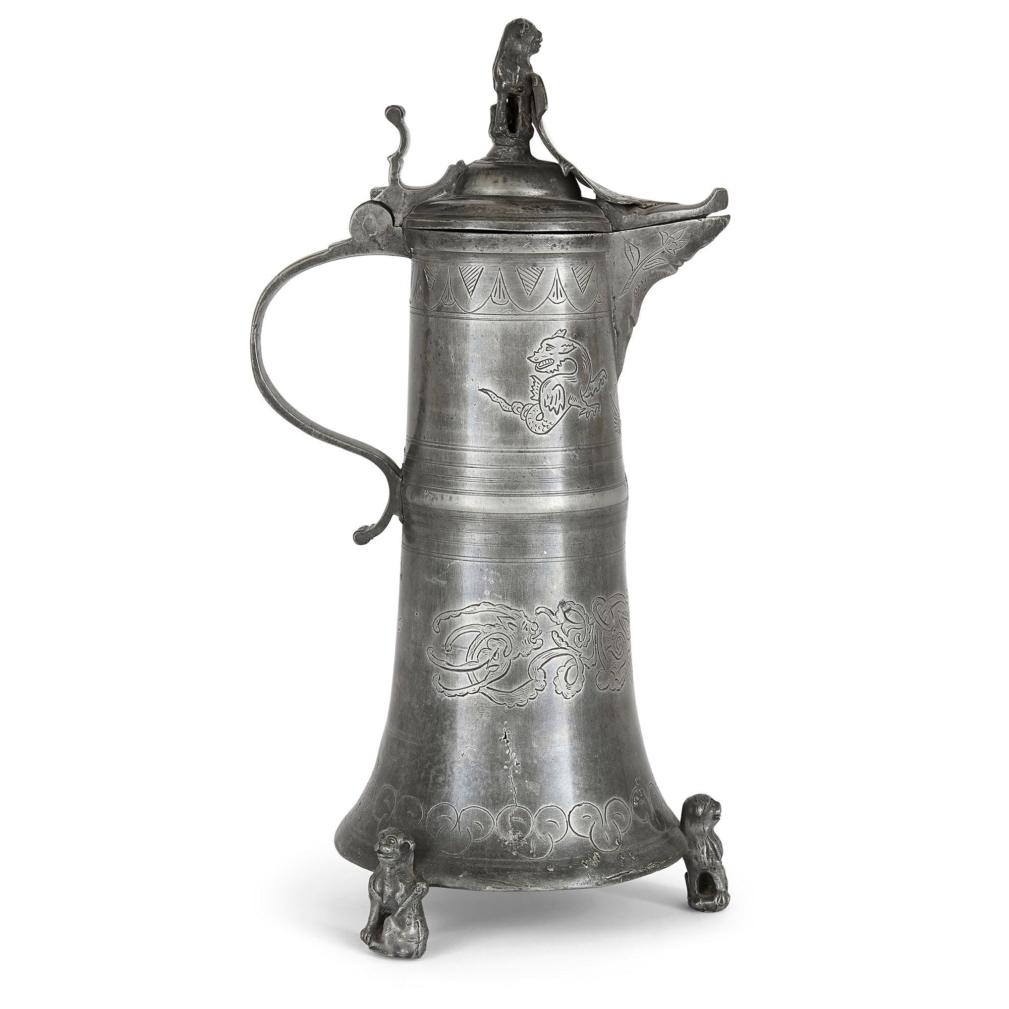 Antique German pewter ewer with engraved decoration | Mayfair Gallery