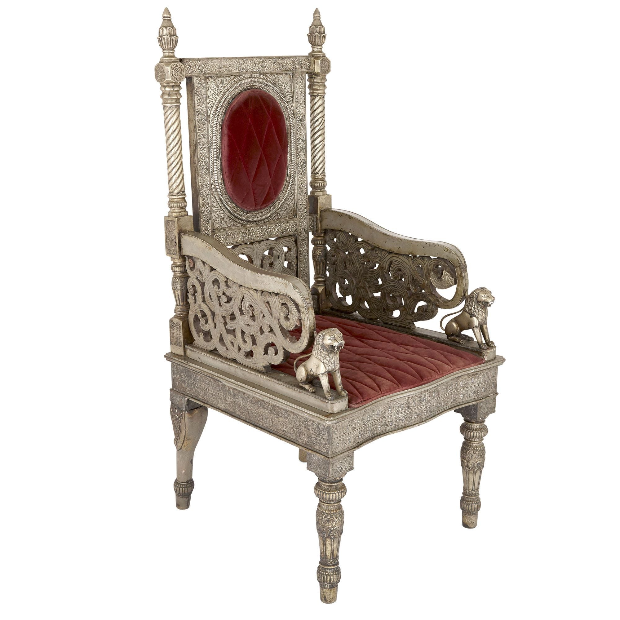 Indian silvered metal throne chair with velvet upholstery | Mayfair Gallery