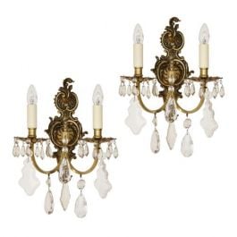 Pair of gilt metal and cut glass Rococo style wall lights | Mayfair Gallery