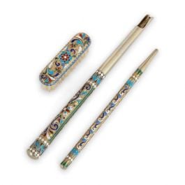 A silver-gilt and cloisonné enamel Russian writing set | Mayfair Gallery