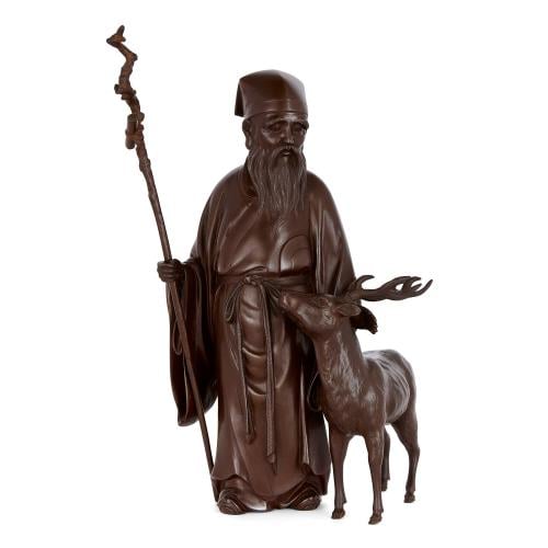 Bronze Meiji figure of Jurōjin, God of Longevity, with deer and staff ...