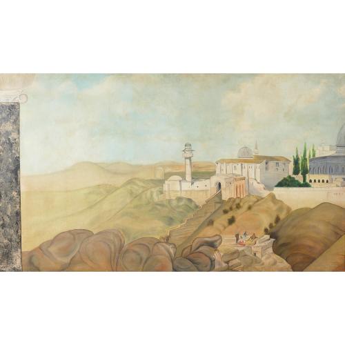 Pair of large antique paintings of Jerusalem from the Mount of Olives ...